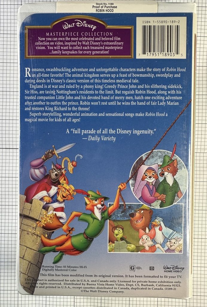 Robin Hood (VHS, 1999) Walt Disney’s Masterpiece Collection – GeekGearStore
